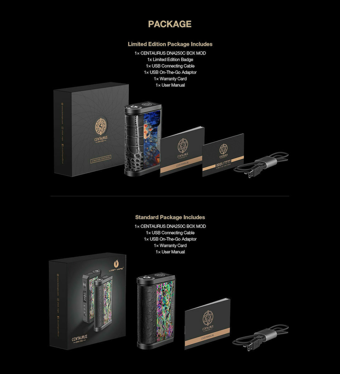 Lost Vape Box Mod Centaurus DNA 250C 200W Black/Ostrich Chopped Carbon ...