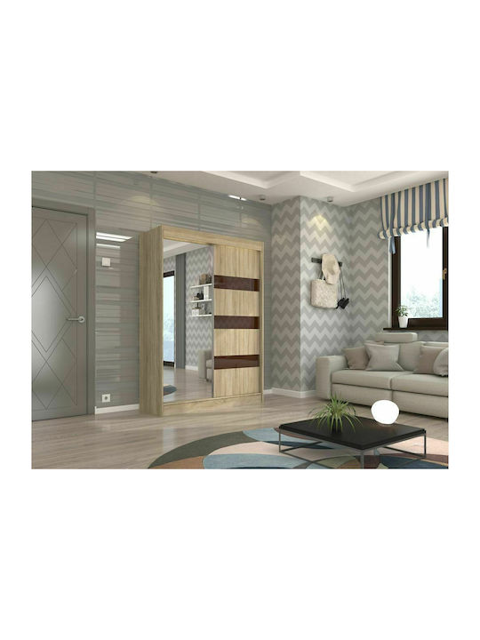 Δίφυλλη Ντουλάπα Ρούχων Συρόμενη Bissom 150 με Καθρέπτη Καφέ ...