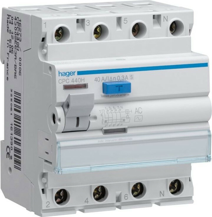 Hager Phase 4-Pole Earth Leakage Relay 40A Επιλεκτικό 300mA CPC440H ...