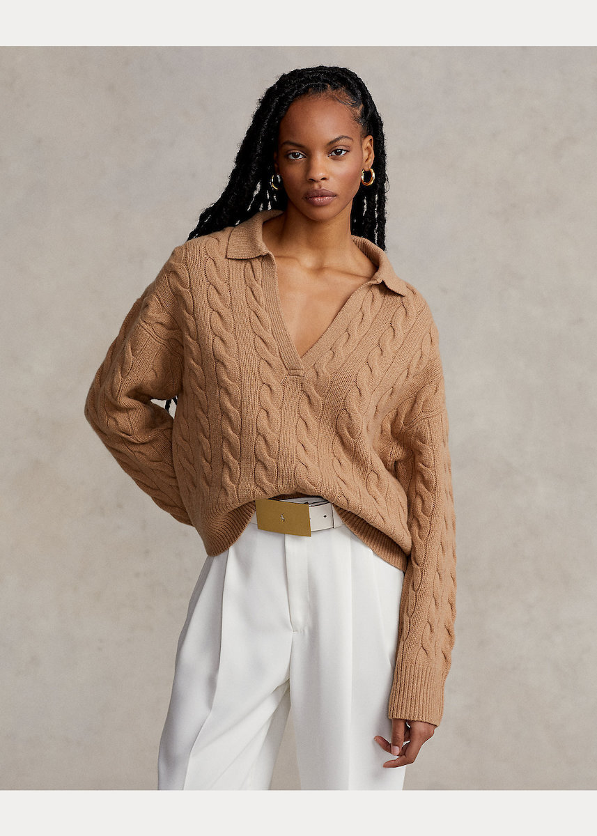 Ralph Lauren Μακρυμάνικο Γυναικείο Πουλόβερ Βαμβακερό Sandy Brown ...