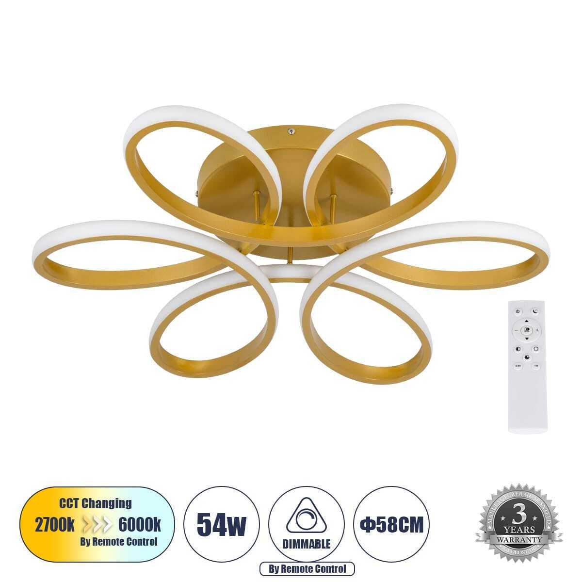 GloboStar Margaret Μοντέρνα Μεταλλική Πλαφονιέρα Οροφής με Ενσωματωμένο LED σε Χρυσό χρώμα 57cm ...