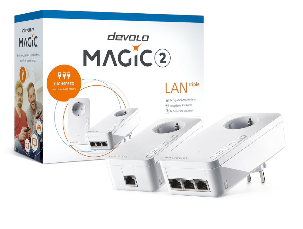 Devolo Magic 2 LAN Triple (8510) Powerline Διπλού Kit για Ενσύρματη Σύνδεση με Passthrough Πρίζα ...