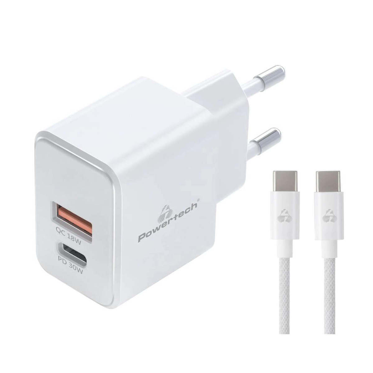 Powertech Φορτιστής GaN με Θύρα USB-A και Θύρα USB-C και Καλώδιο USB-C ...