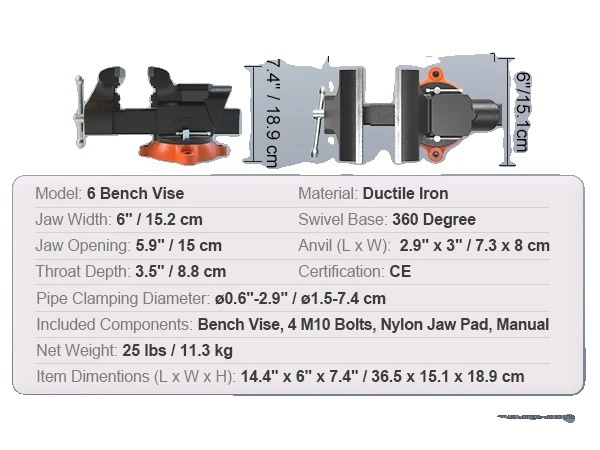 6-inch Bench Vise 360-degree Swivel Base Heavy-duty Ductile Iron 6 Inch ...