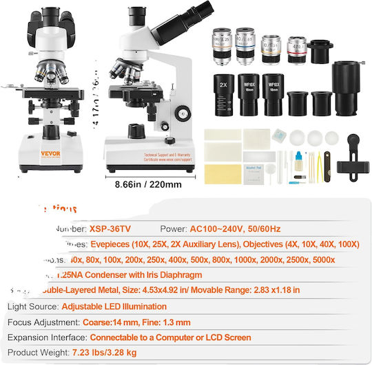 Vevor Trinocular Microscope 40x-5000x Magnification Adjustable Led Illumination 40x-5000x Trinoc ...
