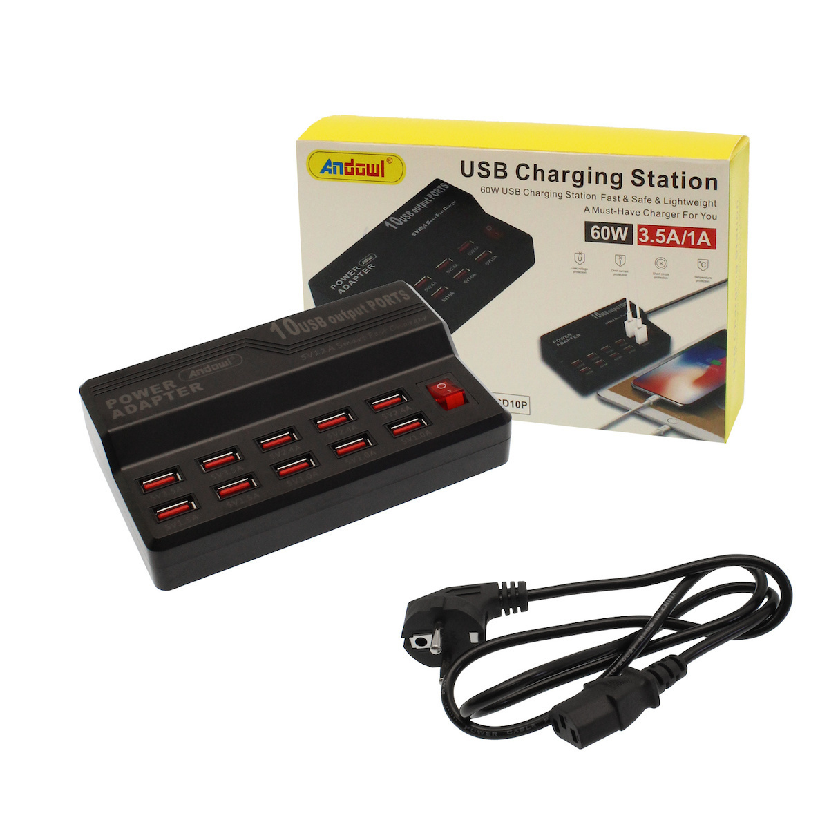 Andowl Βάση Φόρτισης με 10 Θύρες USB-A 60W σε Μαύρο χρώμα (Q-CD10P ...