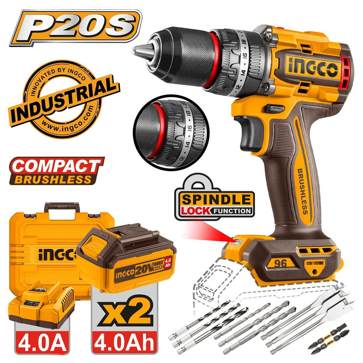 Ingco Percussive Drill Driver Battery Brushless 20V 2x4Ah CIDLI20968E | Skroutz.mt