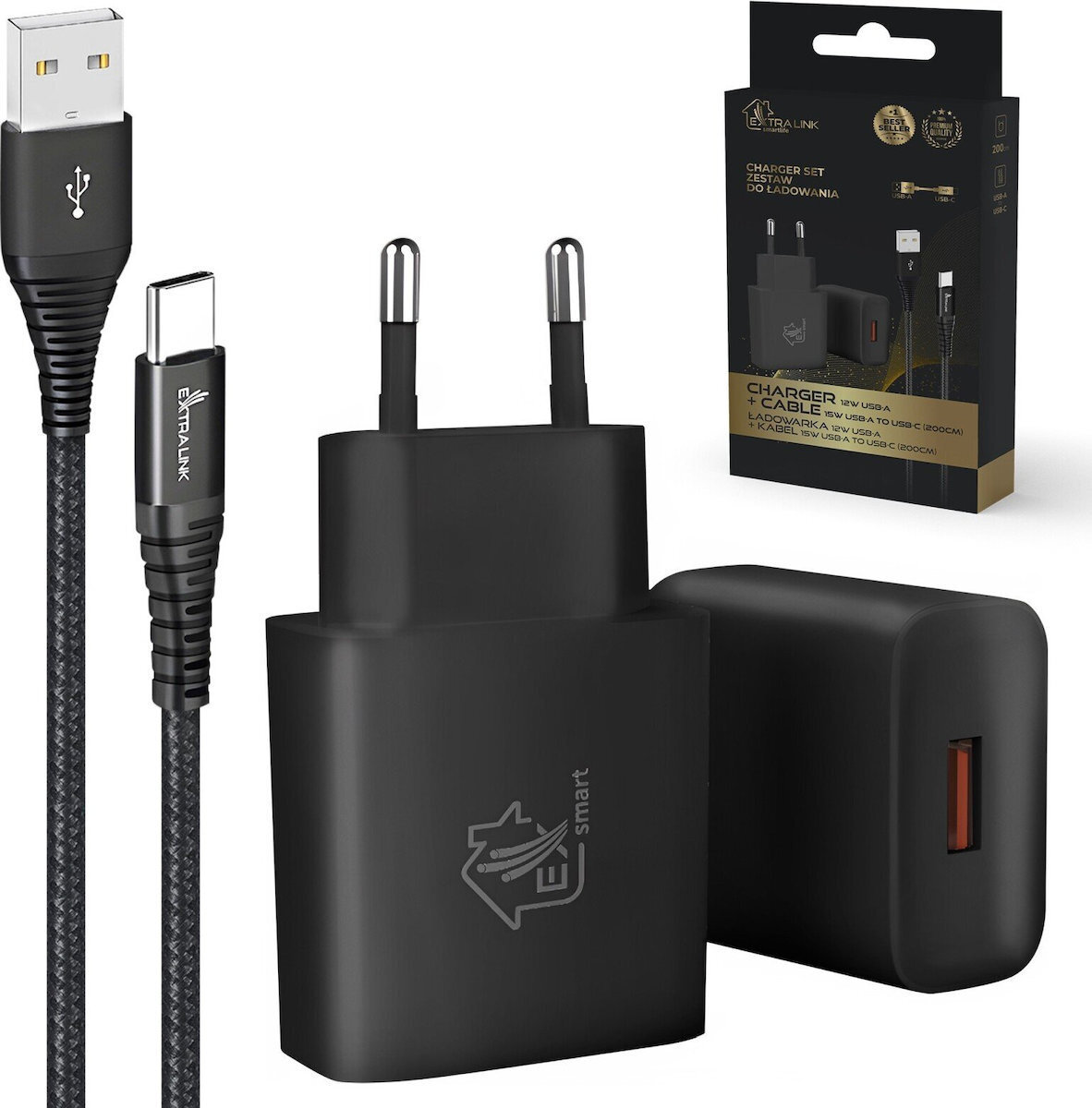 Extralink Φορτιστής με Θύρα USB-A και Καλώδιο USB-C 12W Μαύρος (Smart Life) | Skroutz.gr