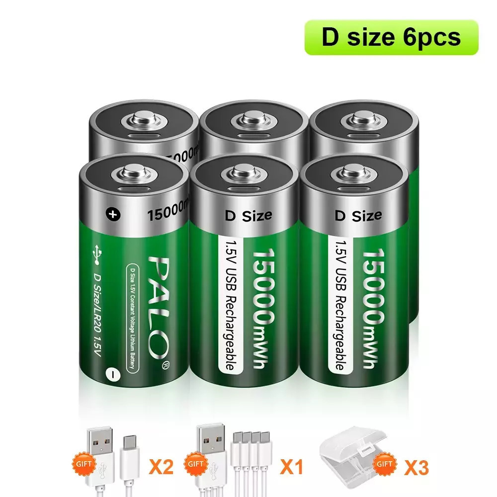 D Size Lithium Battery 15000mwh Capacity Rechargeable Usb Type C 6 Pcs ...